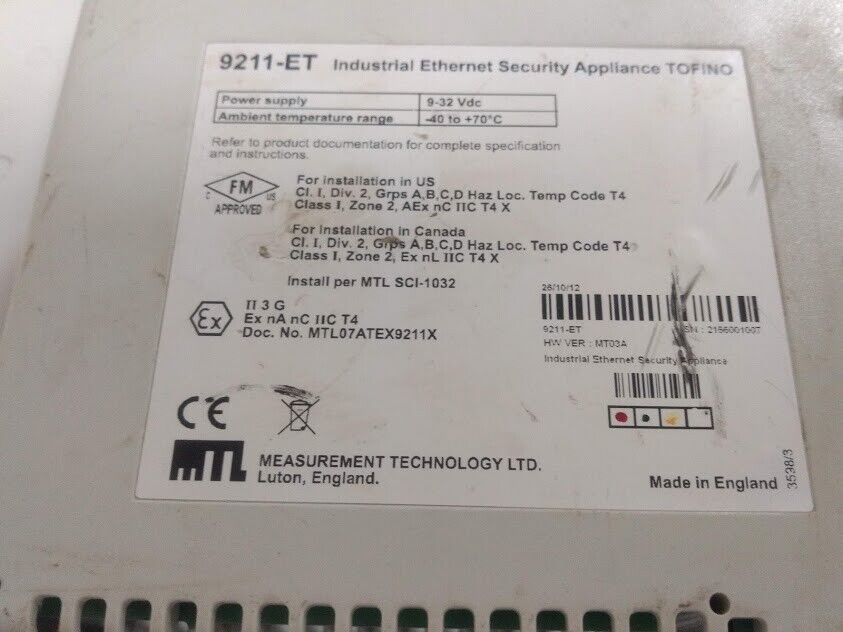 MTL Tofino 9211-ET HW Ver MT03A Industrial Ethernet Security Appliance 9211ET – Oasismachinery
