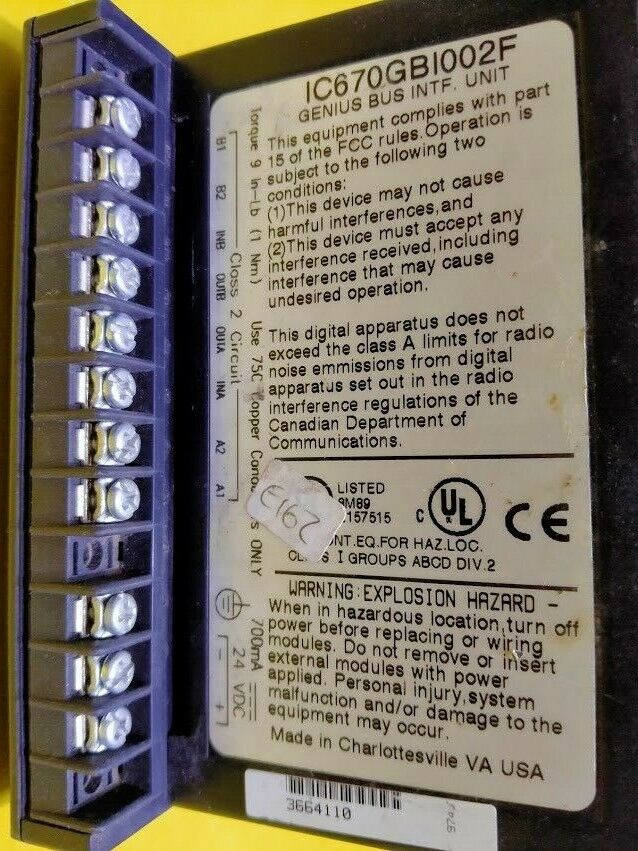 GE Fanuc IC670GBI002F Field Control Bus Interace Unit Genius Bus Intf ...